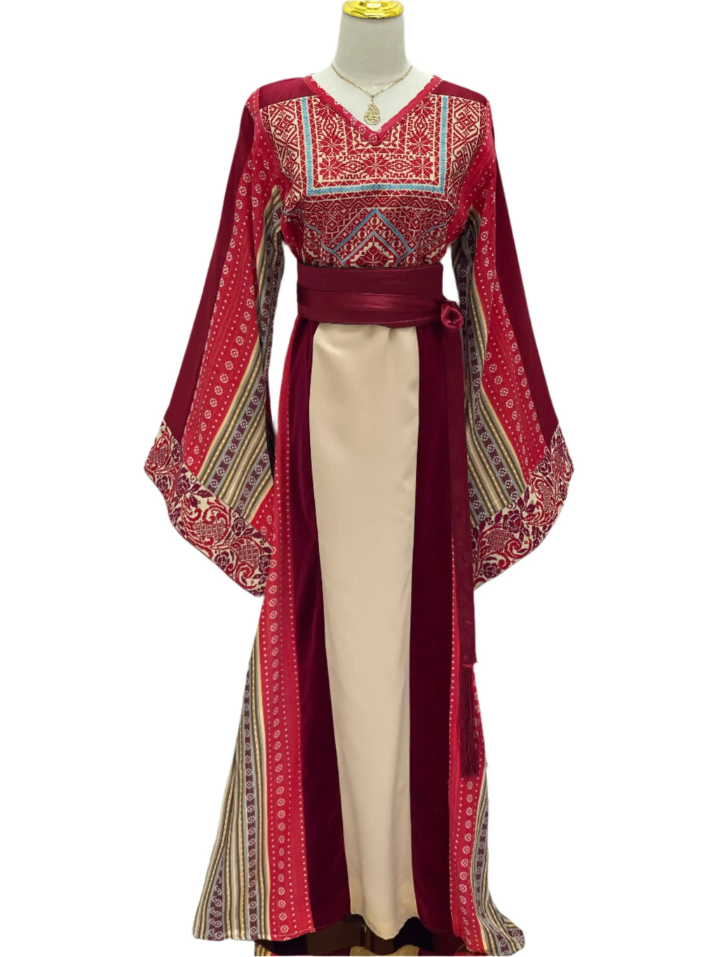 Luxurious Palestinian Thoub Dress with Velvet, Satin & Embroidery