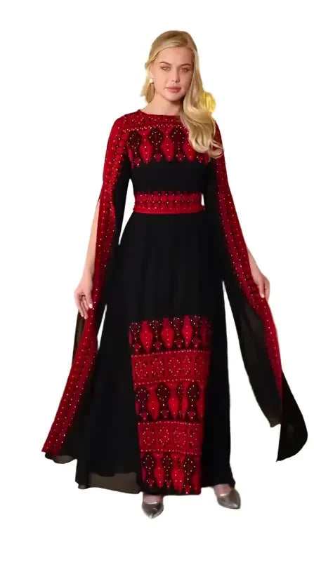 Embroidered Palestinian Thoub Dress with Long Sleeves & Regal Elegance